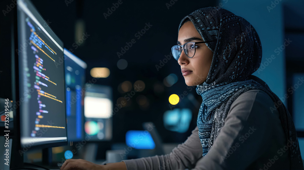 Arab Female Developer Coding Intently On Her Computer. Encouraged Women ...