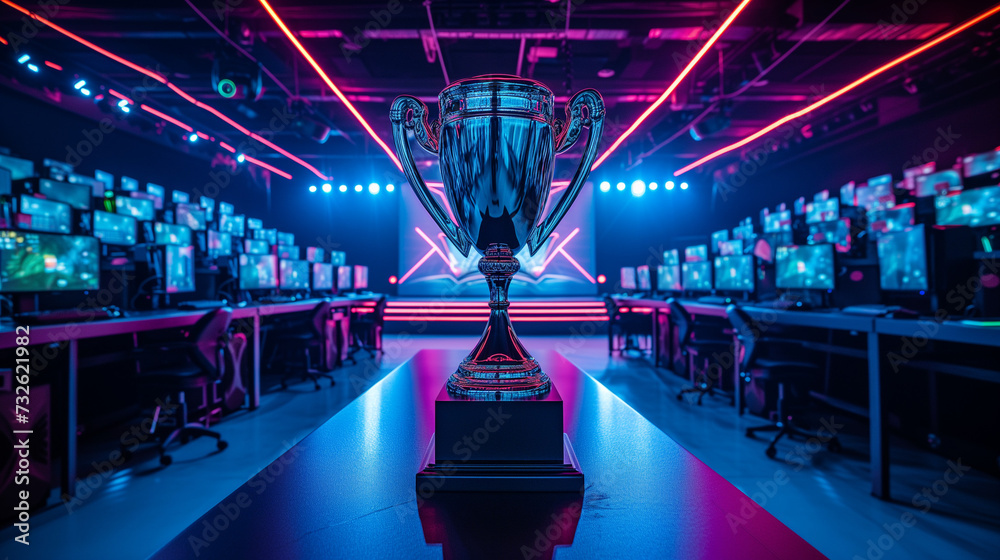 The esports winner trophy standing on the stage in the middle of the ...