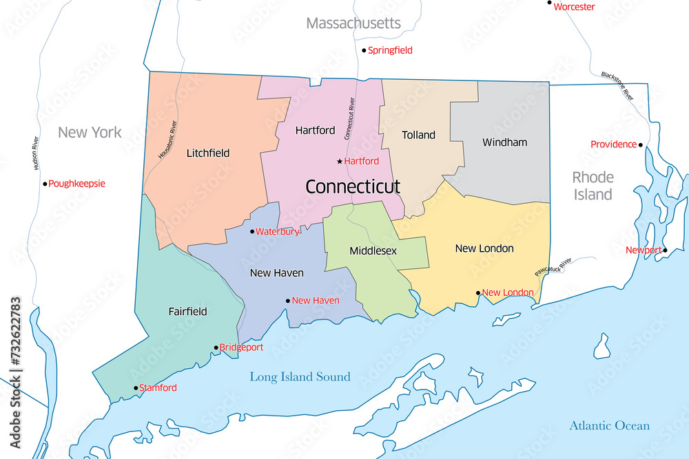 Colorful political map of the state of Connecticut outlining the ...