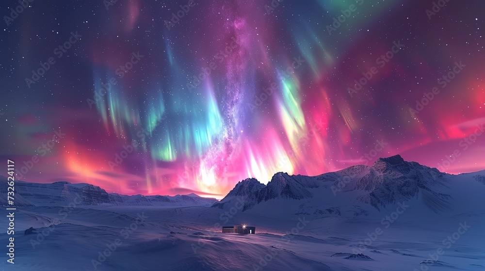 Astronomical observatory under the Northern Lights, the aurora ...