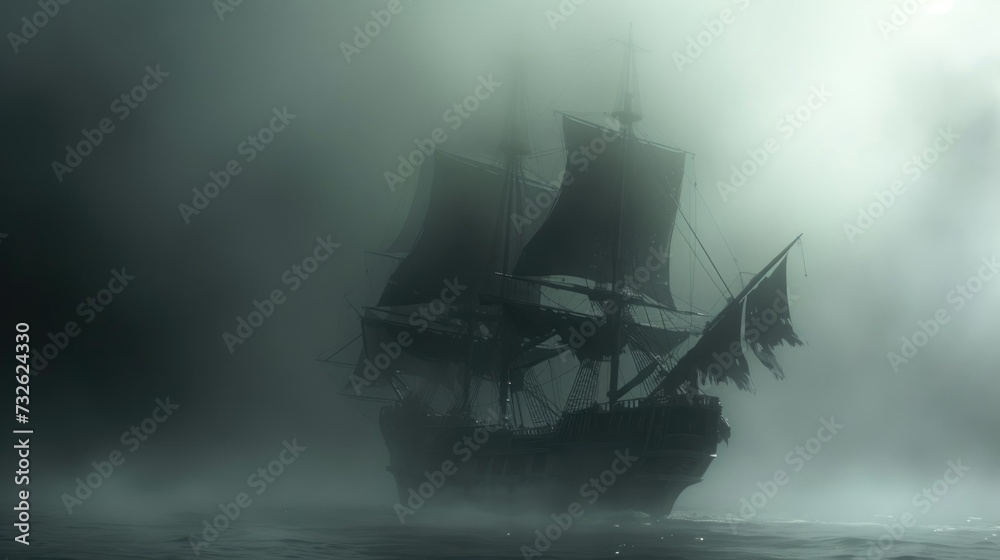Pirate ship with black tattered sails sailing through fog. Mystery ...