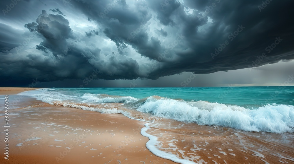 Dramatic tropical storm approaching a beach, dark clouds rolling in ...