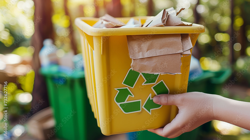 Recycling Paper Waste Outdoors. Hand placing paper waste in a yellow ...