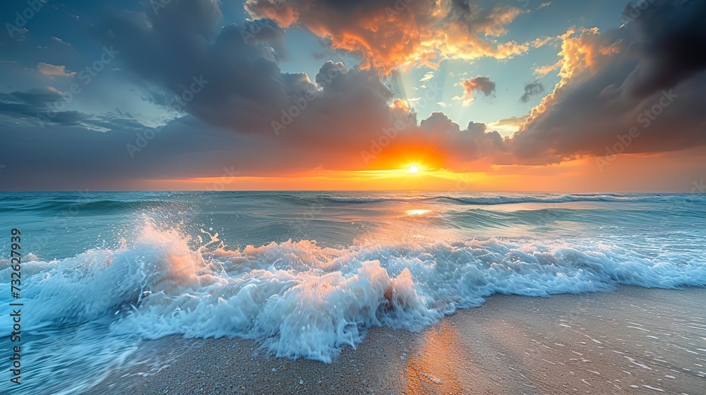 Dynamic beach sunset after a storm, the sky a dramatic display of light ...