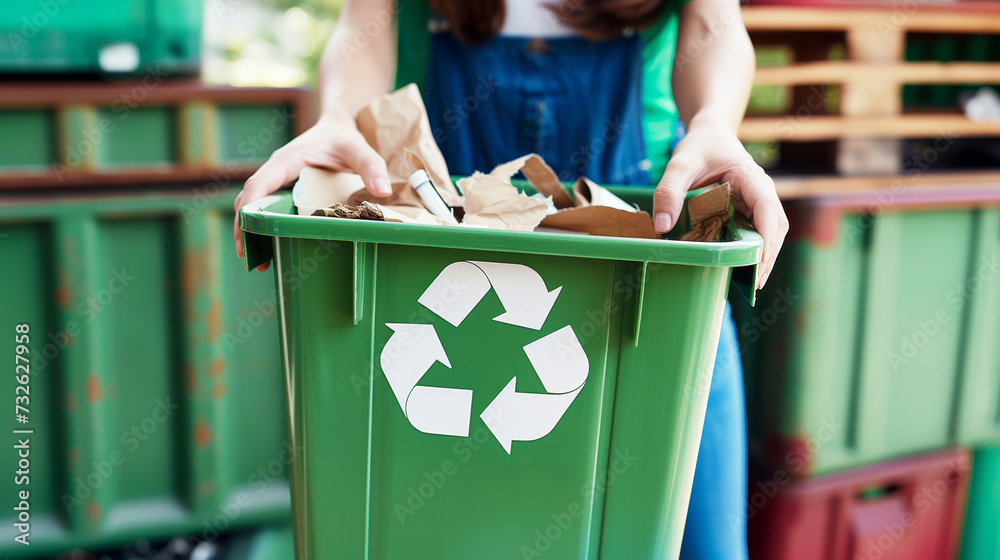 Hand Holding Green Bin for Paper Recycling. A person holding a green ...