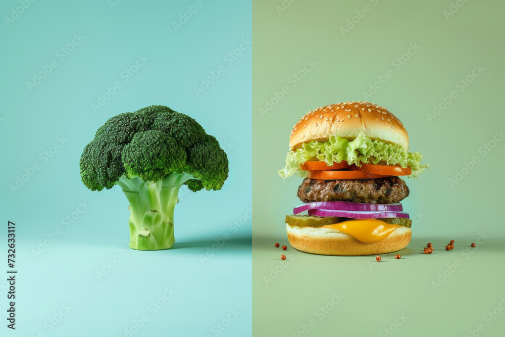 Split background with unhealthy burger and green broccoli on the other ...