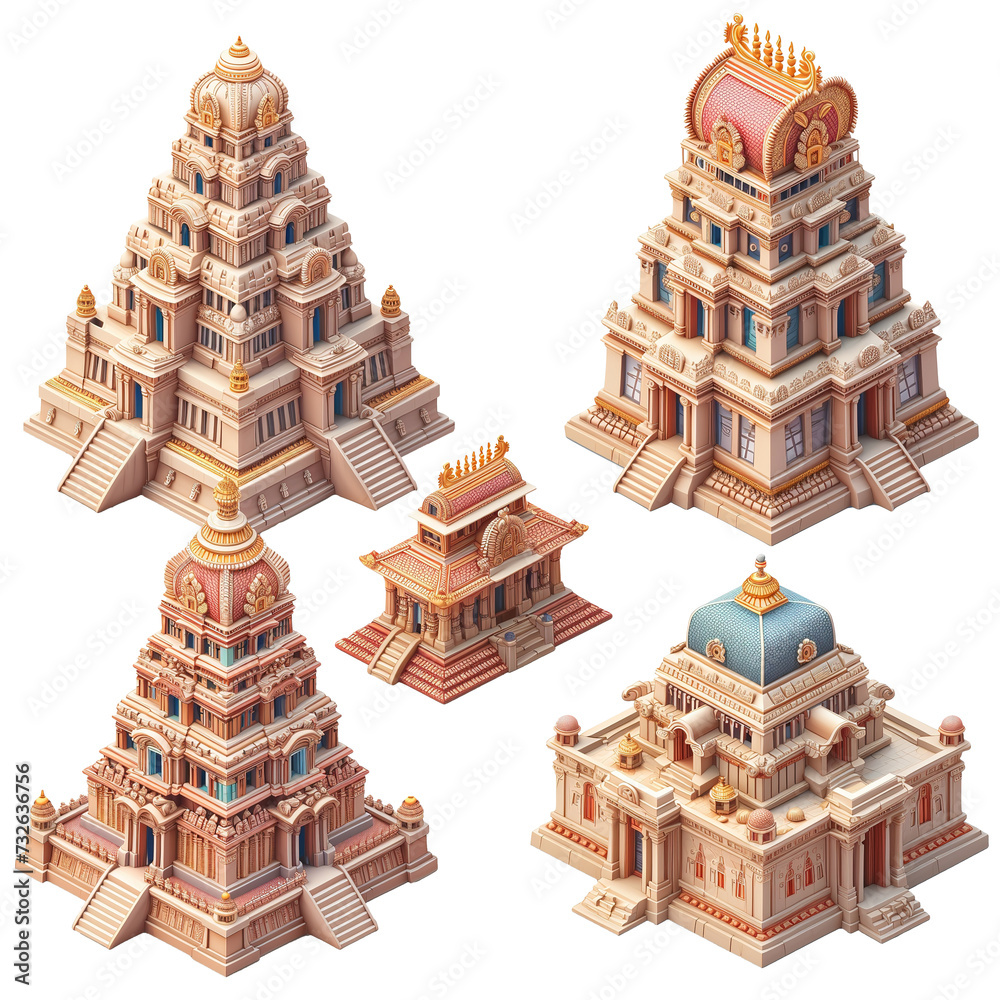 Set of Hindu temple 3d icon on transparent background Stock ...