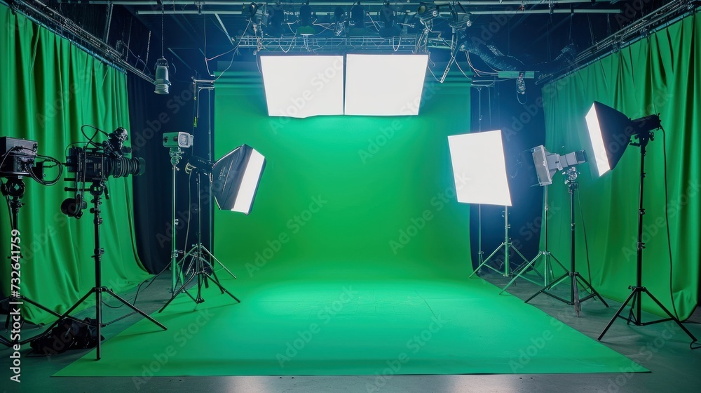 Shooting studio with professional equipment and green screen Stock ...