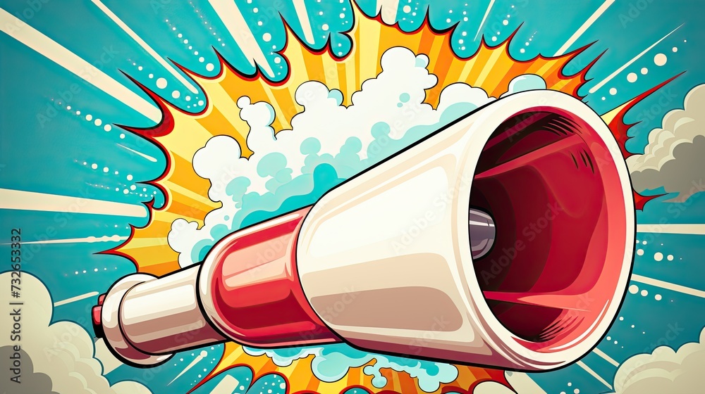 Megaphone comic drawing with paints in pop art style. Loudspeaker ...