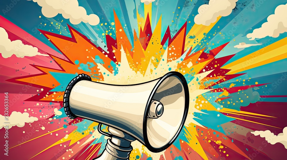 Megaphone comic drawing with paints in pop art style. Loudspeaker ...