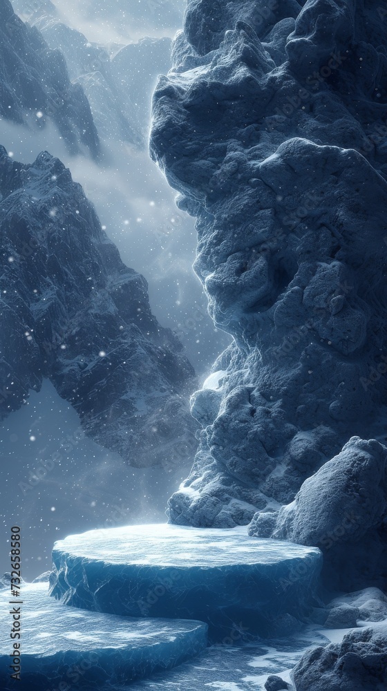 A snowy, icy landscape with rugged cliffs and a glimmering, frozen ...