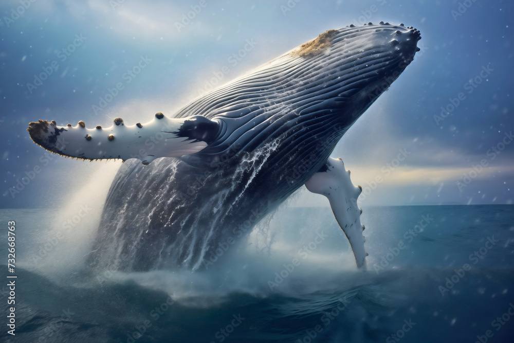 Painting of a giant humpback whale animal jumping out of the sea body ...