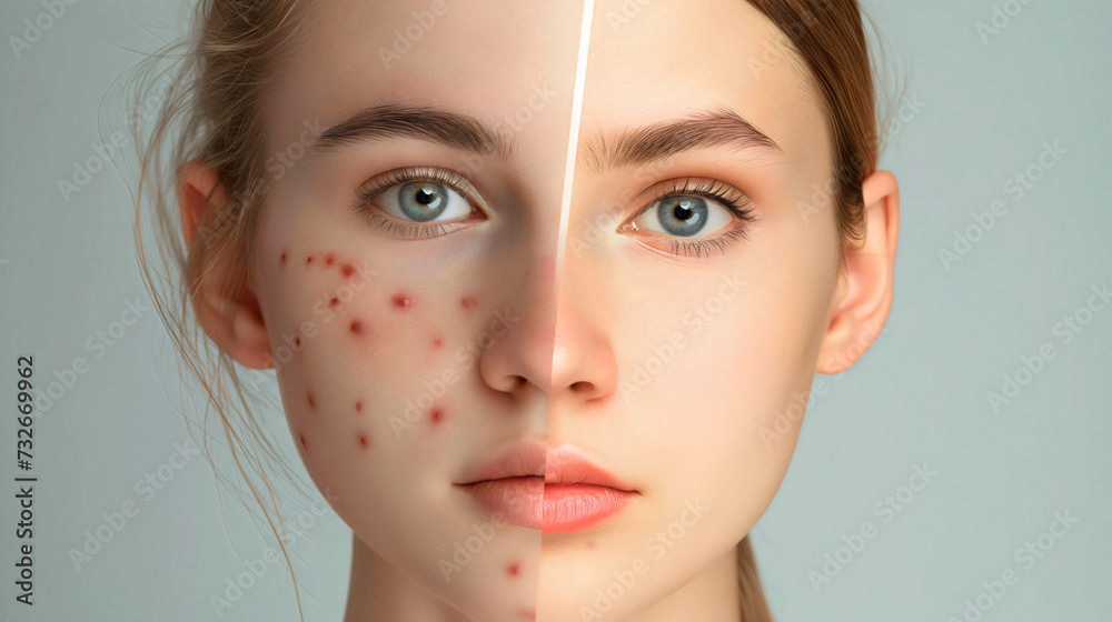 Young woman or teenage girl dermatology acne treatment before and after ...