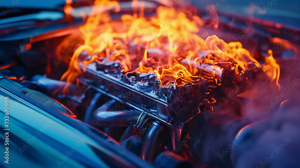 Smoke and flame of fire under the open hood of car with strong V8 ...