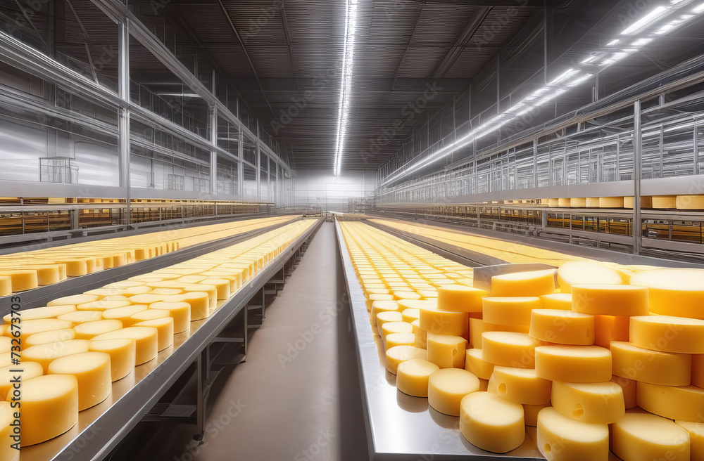 Assorted flavors of cheese wheels maturing in a cheese factory on ...