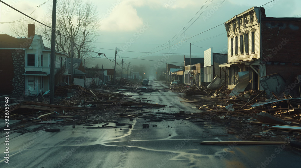 Aftermath of a Tornado Showing Damaged Buildings and Debris, Devastated ...