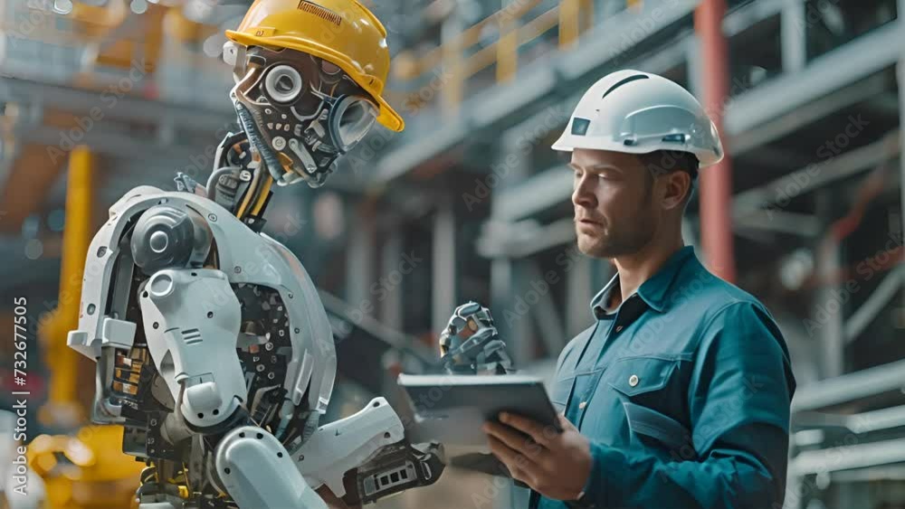 robot engineer and a man inspection construction work with a robot ...