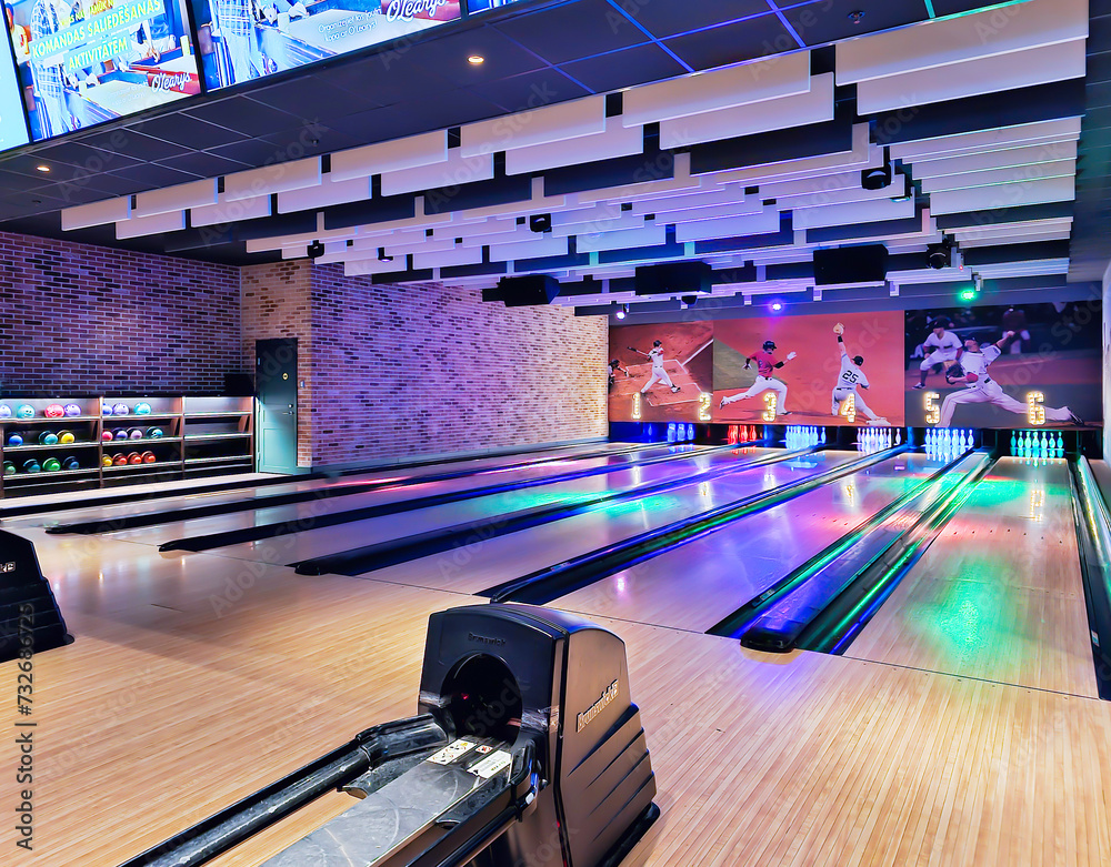 LATVIA, RIGA, 05, FEBRUARY, 2024: Lanes in a bowling alley and bowling ...