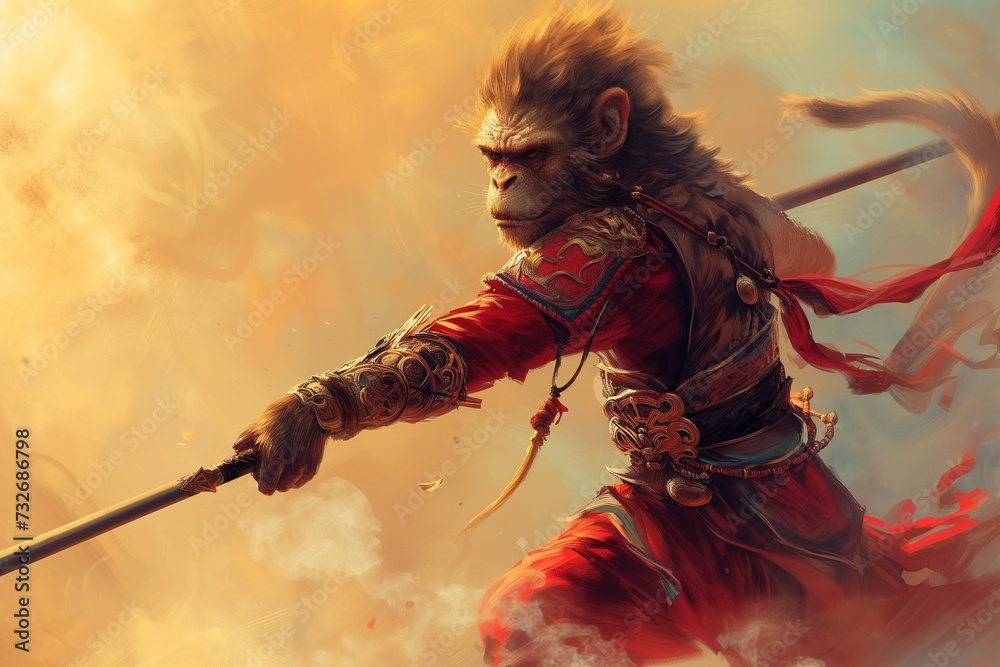 Sun Wukong The Monkey King in a fighting stance with a staff Stock ...