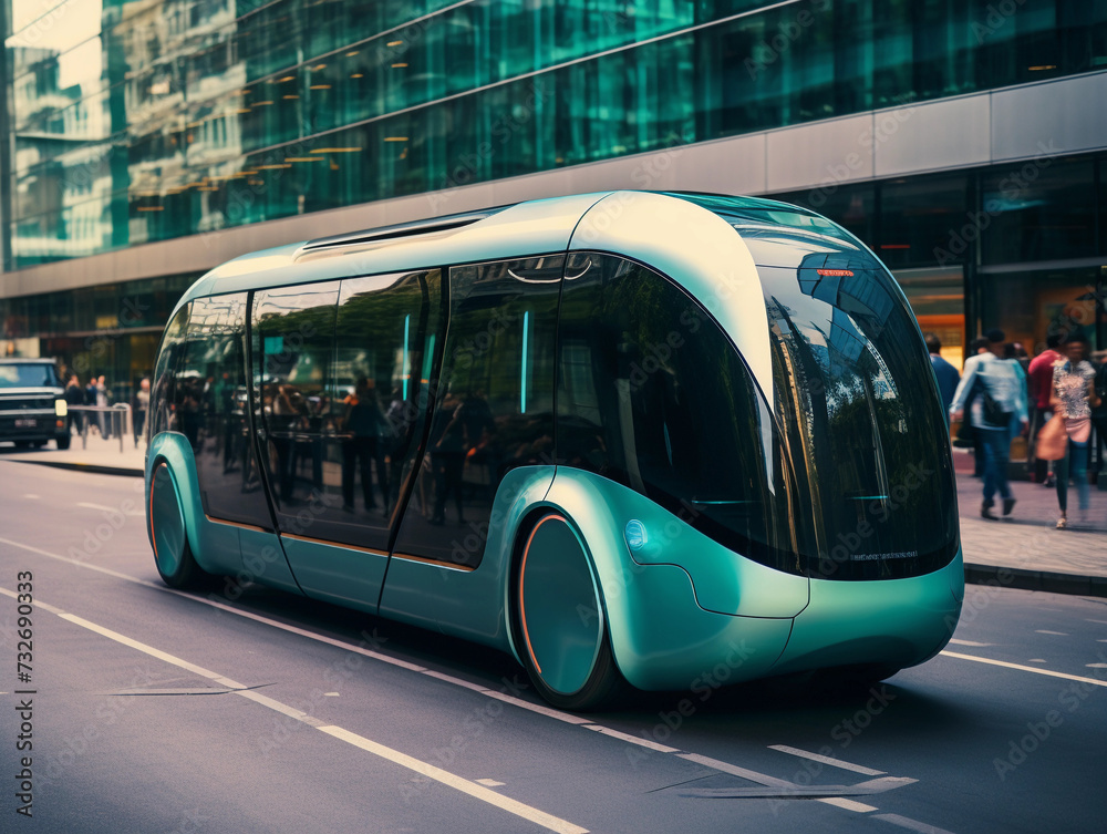 The concept of a modern bus without a driver of the future. A prototype ...