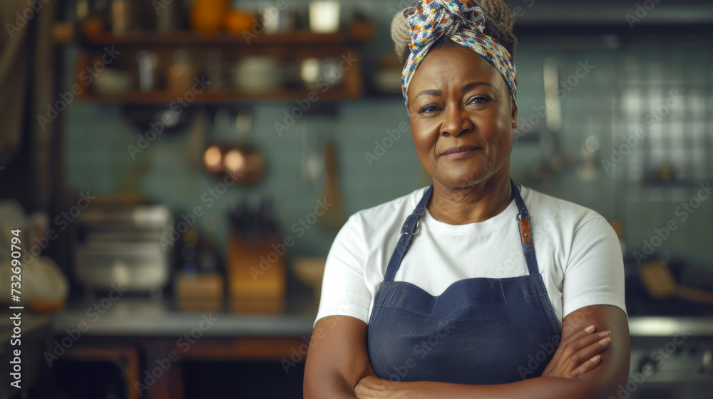 content and confident middle-aged female chef with a headscarf and ...
