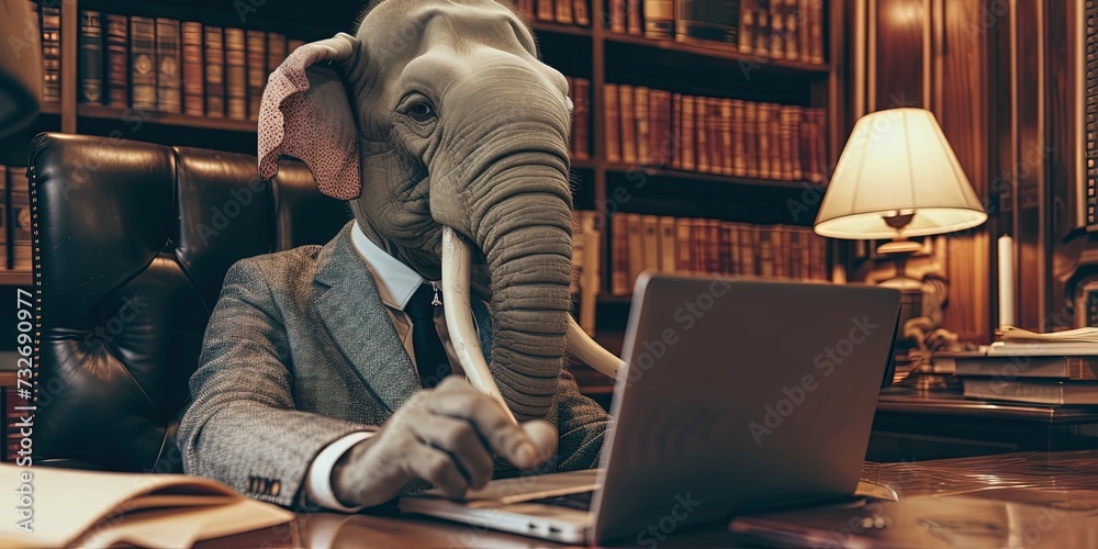 Elephant wearing a suit working on a laptop computer in an office ...