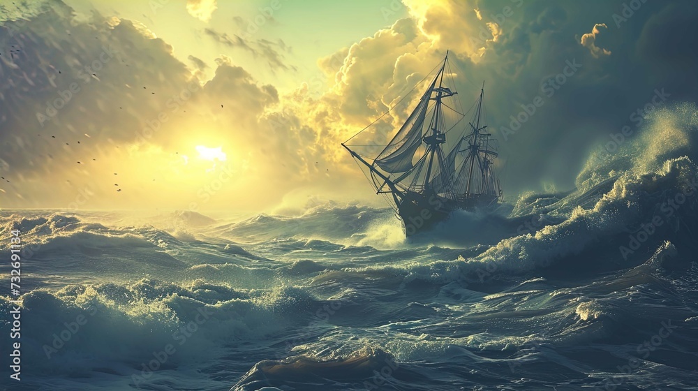 An impressive tall ship is captured amidst turbulent ocean waves. The ...