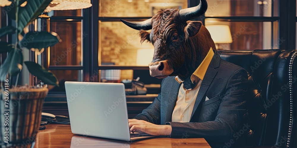 Bull wearing a suit working on a laptop computer in an office cubicle ...