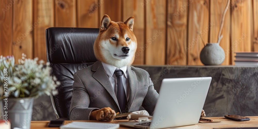 Shiba Inu doge wearing a suit working on a laptop computer in an office cubicle Stock Photo ...