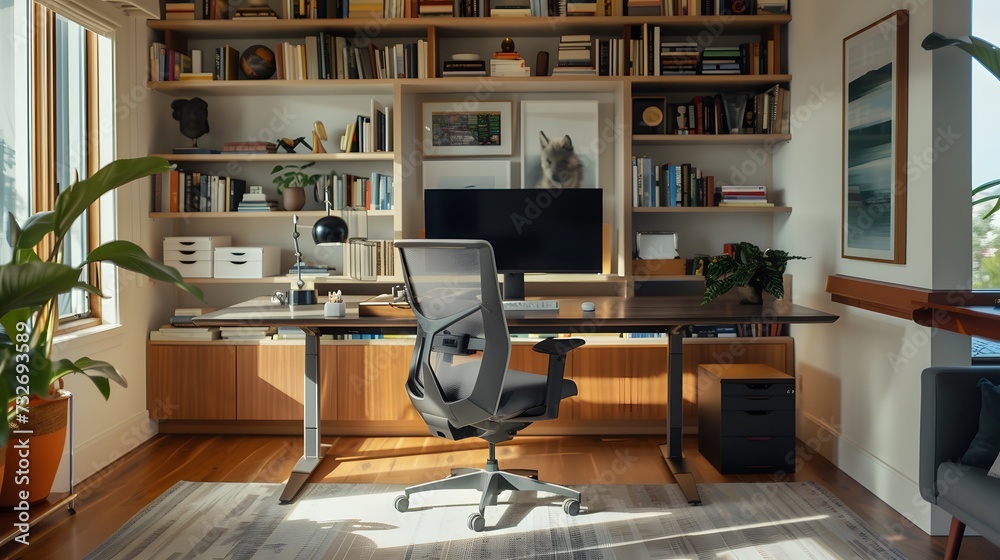 A modern home office setup with a sleek desk, ergonomic chair, and a ...