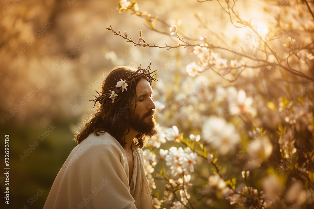 Photorealistic portrait of a Jesus Christ with a crown of thorns on his ...