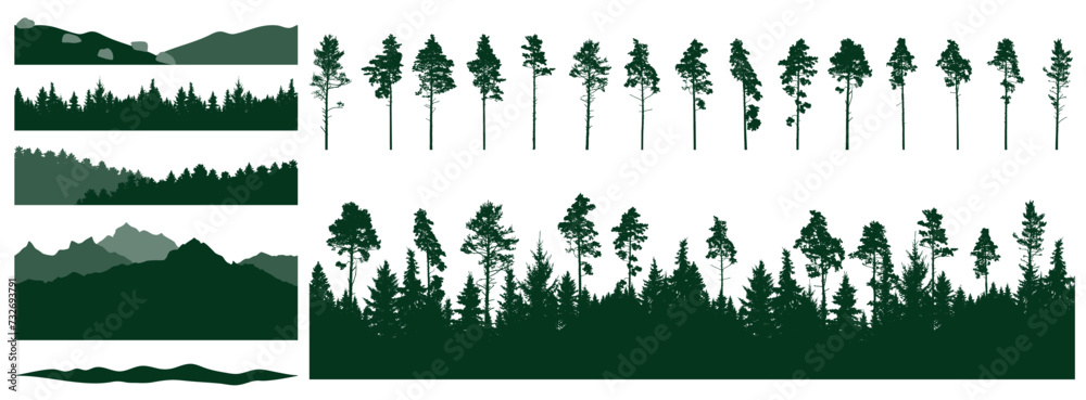 Set of forest element, pine trees, beautiful landscapes. Creation of beautiful woodland ...