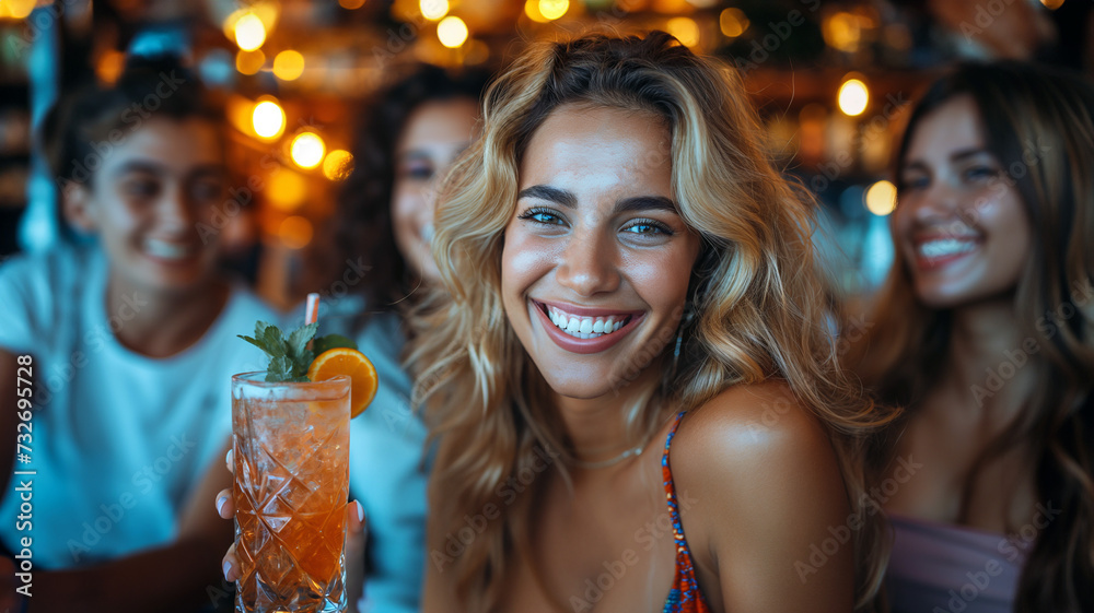 Dutch angle shot, Happy friends group cheering mojito drinks at ...