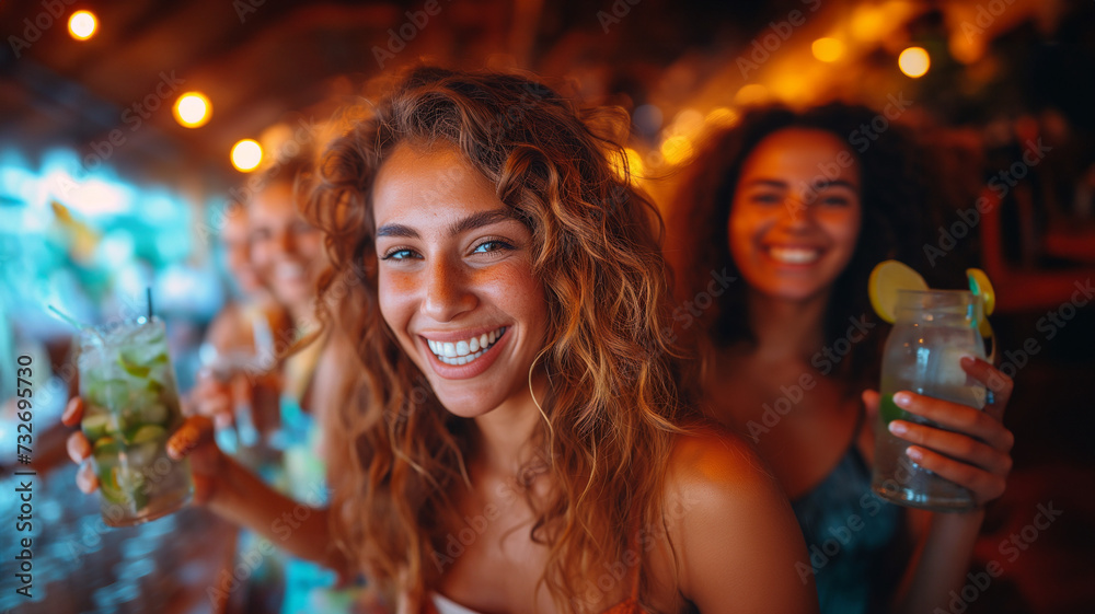 Dutch angle shot, Happy friends group cheering mojito drinks at ...