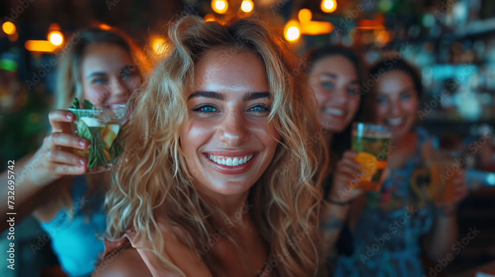 Dutch angle shot, Happy friends group cheering mojito drinks at ...