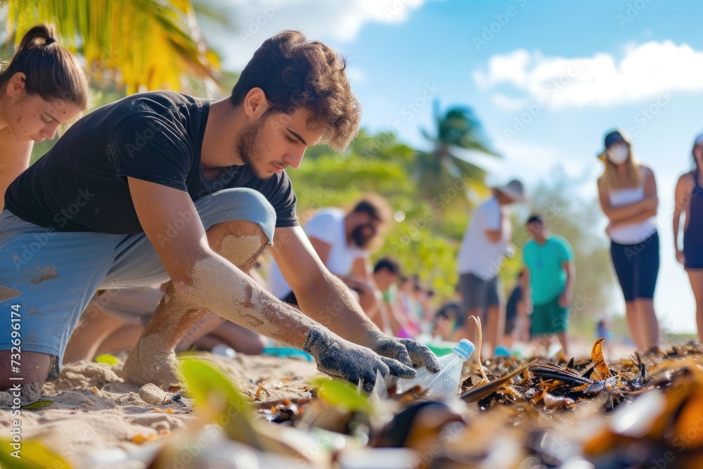Volunteers participating in a beach clean-up event, focused on removing ...