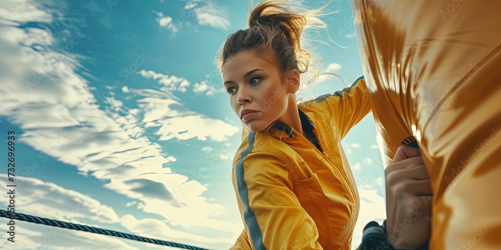 Woman boxer training for a fight by punching a punching bag. Self ...