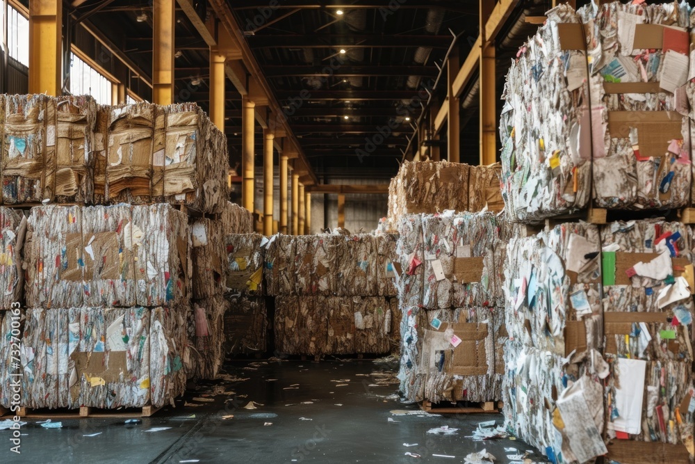 Paper recycling facility with large bales of compressed used paper ...