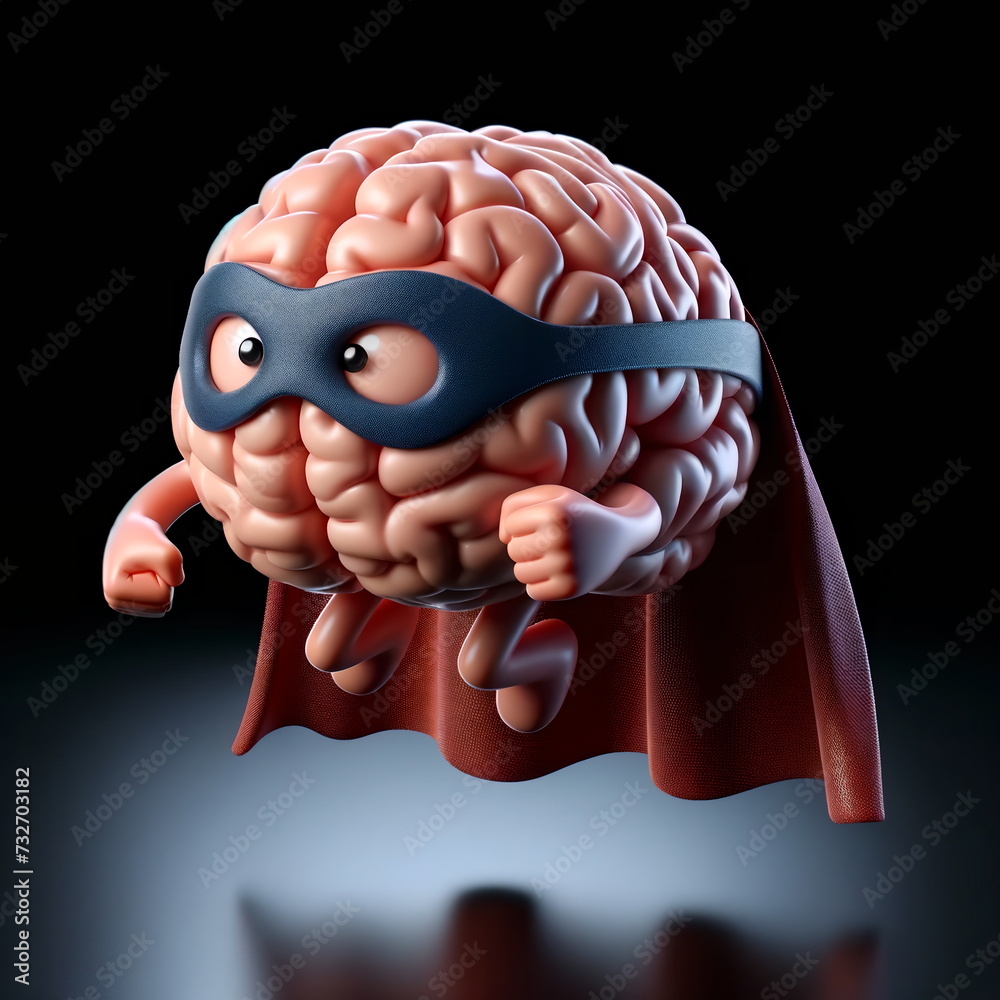 small super hero brain character with a cape, hovering in mid-air ...
