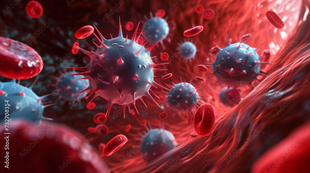 Close-up illustration of red blood cells and pathogens, highlighting ...