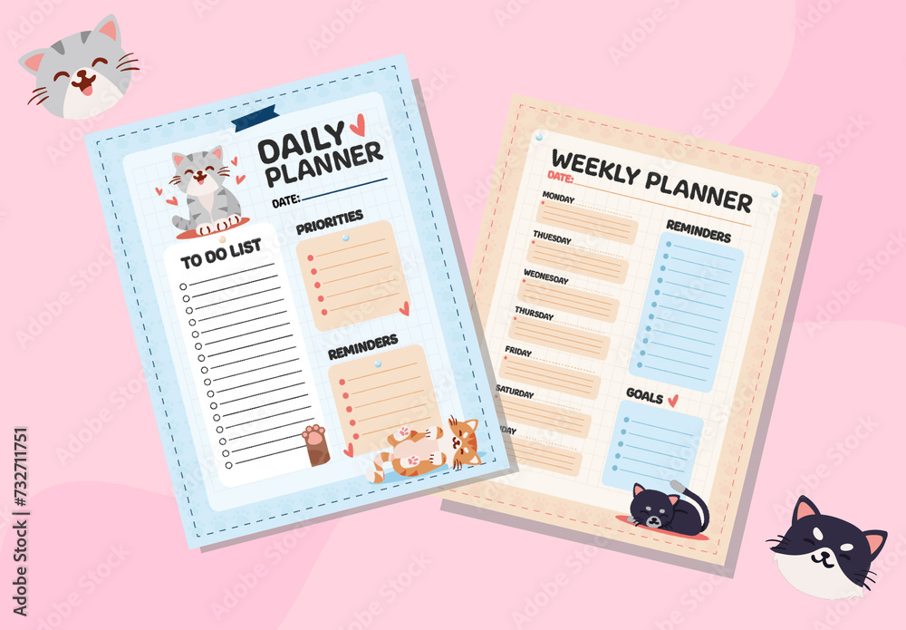Pink Blue Cute Cat Themed Daily Weekly Planners Template Stock Template ...