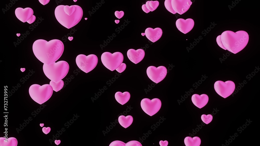 3d abstract pink hearts falling down in balack sky background isolated ...