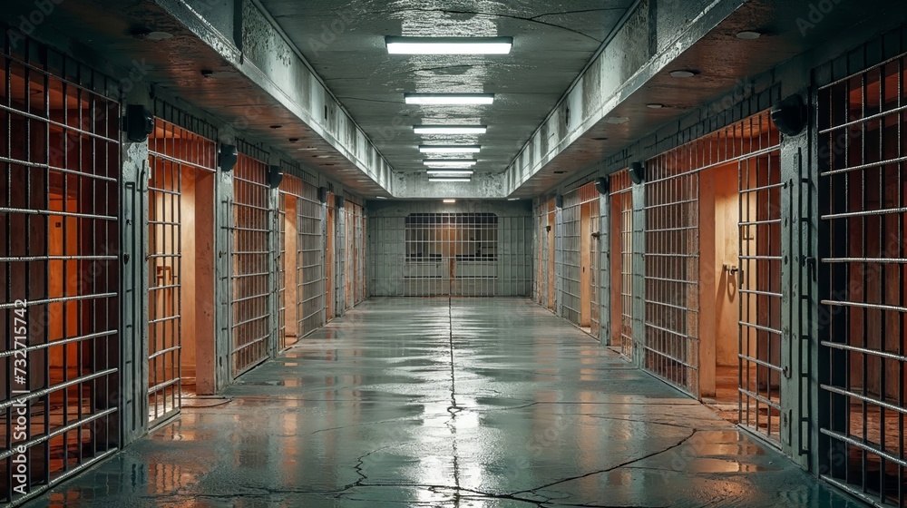 Prison building interior, empty jail cell, security bars cage Stock ...