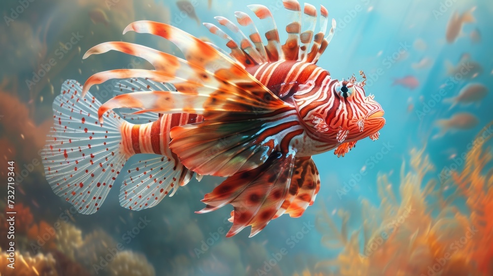 Lionfish showcasing its stripes and fins in the blue waters of the ...