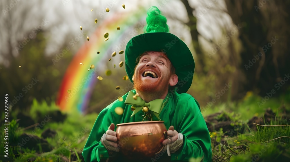 Greedy Leprechaun Smiling Laughing At Having Riches With Rainbow ...
