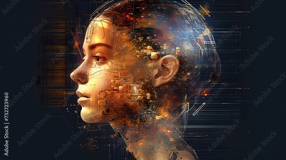 Digital Human Portrait with Technological Concept A fusion of female ...