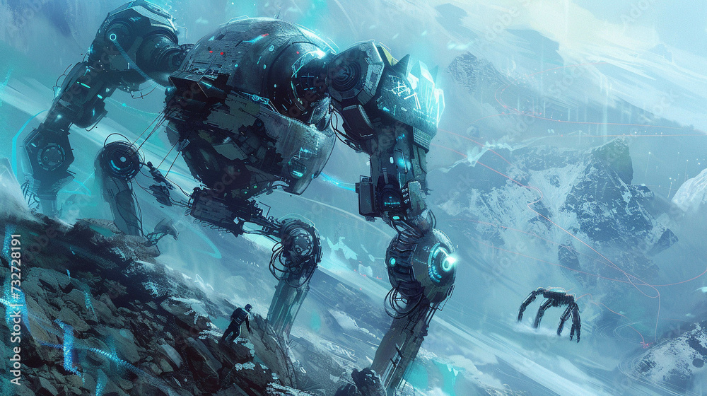 A dynamic landscape serving as a backdrop, with a robot enforcer ...