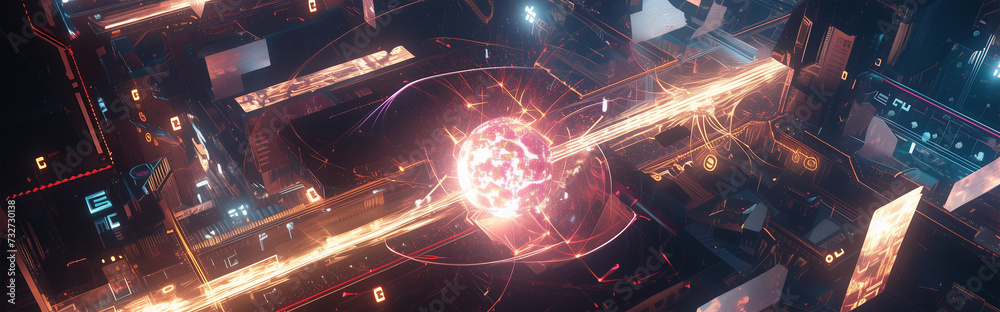 Imaginative sci-fi model of a particle accelerator with atomic and ...