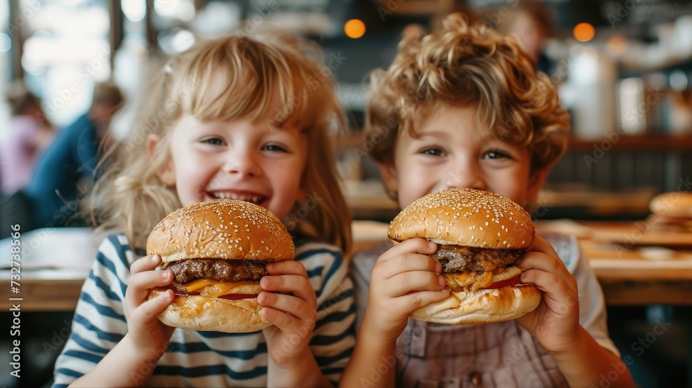 two little children eating a big hamburger at a table in a cafe, boy ...