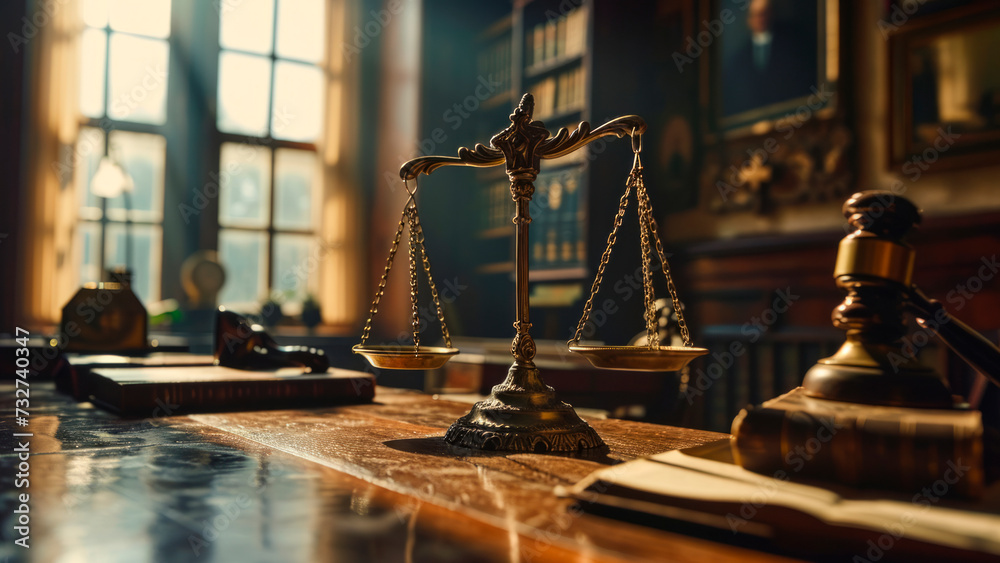 Foto de Scales of justice, a judicial hammer and a legal reference book ...